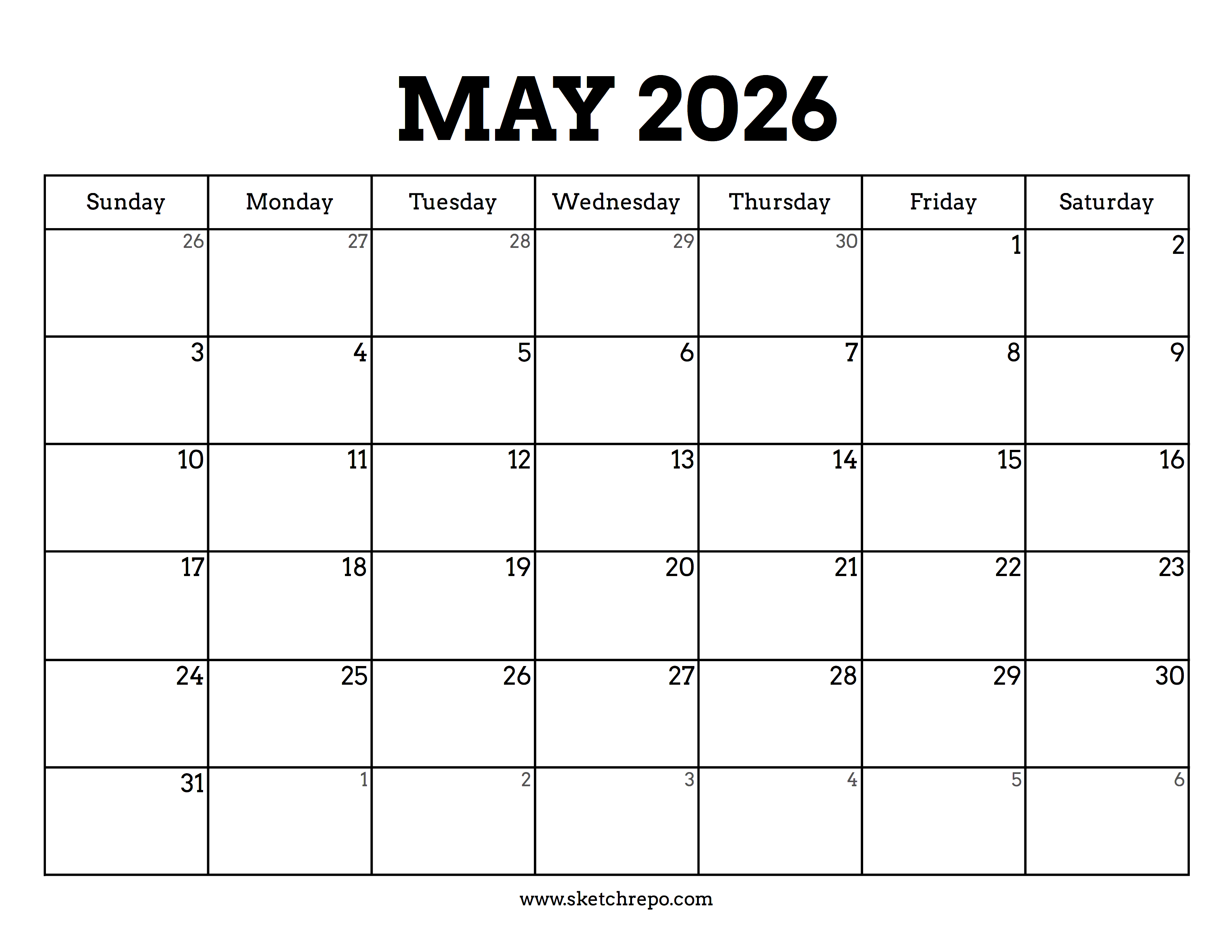 May 2026 Calendar – Sketch Repo